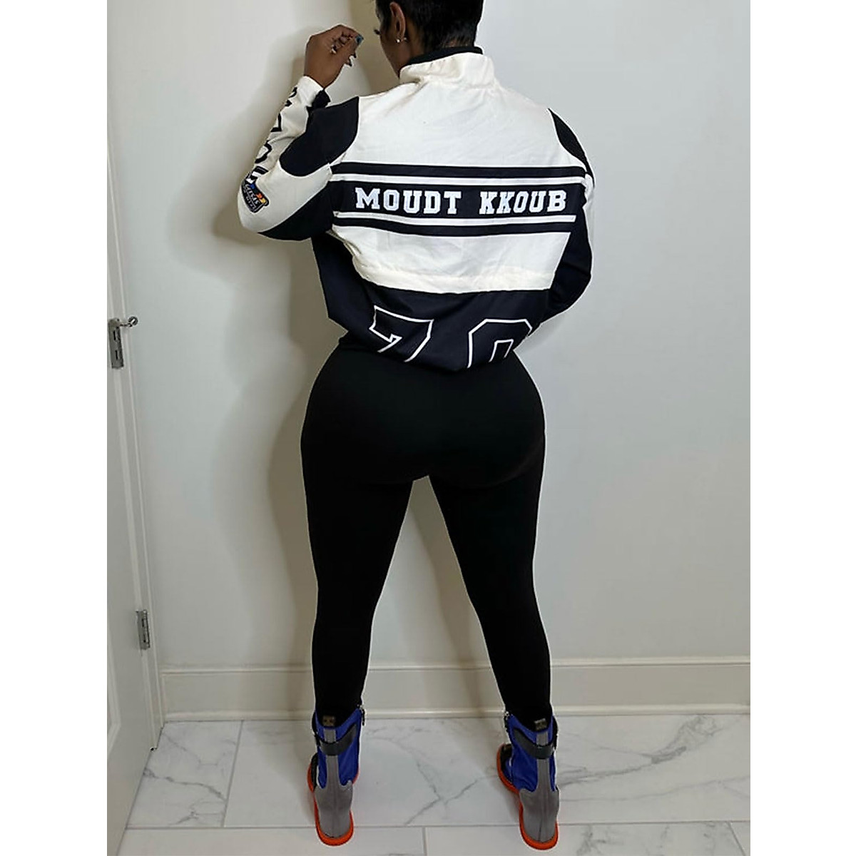 Angsuttc Bomber Jacket Motorcycle Detachable Letter Graphic Racer Jackets Color Contrast Varsity Coats Skirt Set Black XL