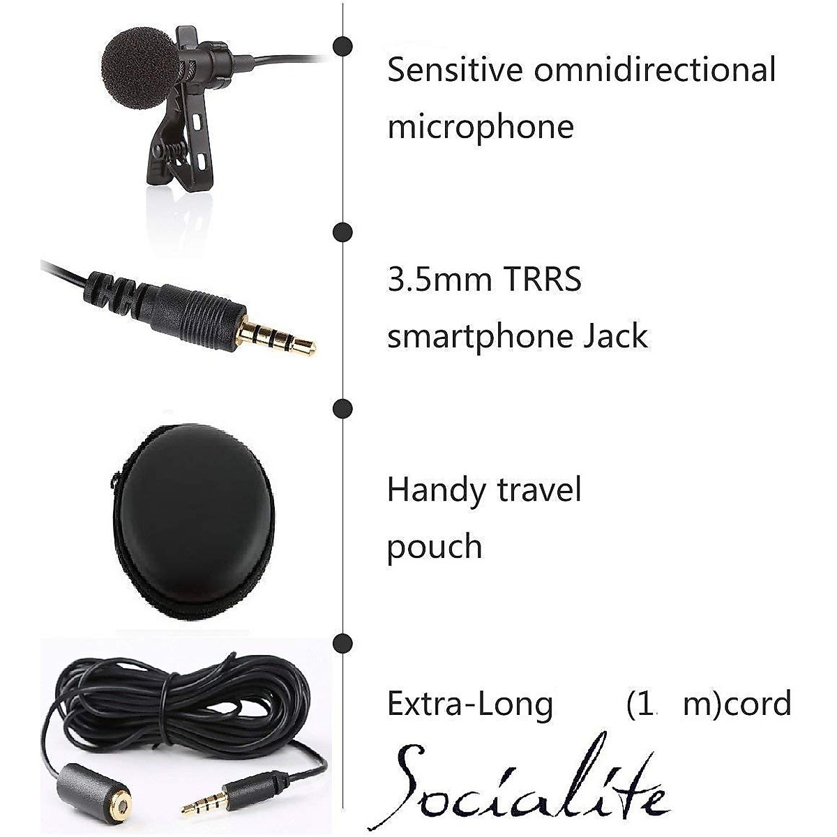 Socialite 3.5 mm Magic Microphone Clip On Lapel Lavalier Mic for Mac, PC, Compatible with iPhone Android Podcasting Recording Streaming incl Extra Long 6.5 Ft Extension Cable Just Plug and Play