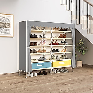 LEAIJIAFY Double Row 6 Tier Shoe Rack Storage Organizer with Cover and 2 Drawers,Portable Standing Shoe Shelf for Garage EntrywaySmall Spaces,16MM Metal Tubes,Gray