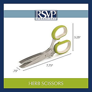 RSVP International (SNIP) Stainless Steel 5 Blade Herb Scissors, Green/White | Cut, Chop, Mince & Snip Herbs | Easy & Safe to Store | Use with Basil, Thyme, Parsley & More | Dishwasher Safe