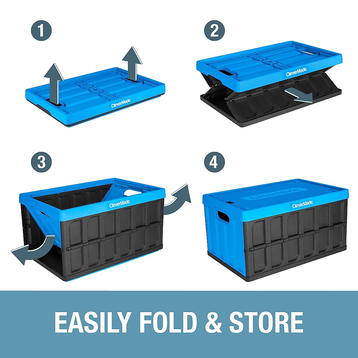 CleverMade Collapsible Storage Bin (With Lid), Charcoal, 3PK - 46L (12 Gal) Folding Plastic Stackable Utility Crates, Holds 75lbs Per Bin - Solid Wall CleverCrates for Organizing, Storage, Moving