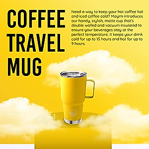 Mayim Large Travel Coffee Mug Tumbler with Clear Slide Lid and Handle, Reusable Vacuum Insulated Double-Wall Stainless-Steel Thermos, Fits in Cup Holder, 30oz., Neon Yellow
