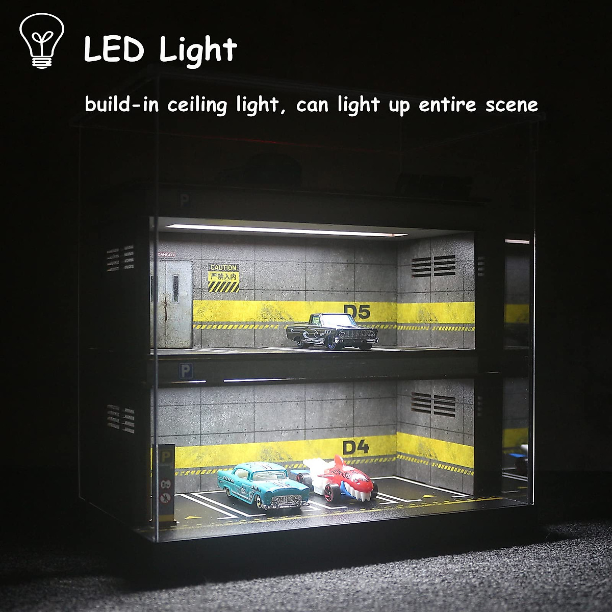 Hot Diecast Wheels Display Case - 1/64 Scale Die-cast Model Car Display Case with LED Light and Acrylic Cover, Wooden Parking Garage in 3 Floors with 10 Parking Spaces (D5)