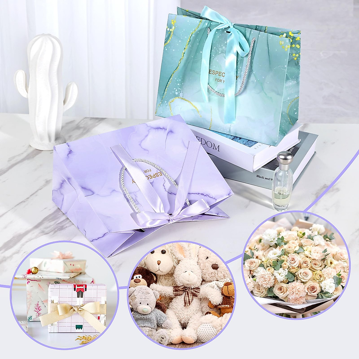 JMANNI Gift Bags, 4PCS Gift Bags Medium Size with Bow Ribbon, Portable Paper Gift Bag with Handles, Birthday Gift Bags, Marble Pattern Present Bags for Christmas Wedding Party Mothers Day（Marble Style）