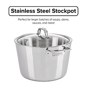 Viking Culinary 3-Ply Stainless Steel Stock Pot, 8 Quart, Includes Glass Lid, Dishwasher, Oven Safe, Works on All Cooktops including Induction