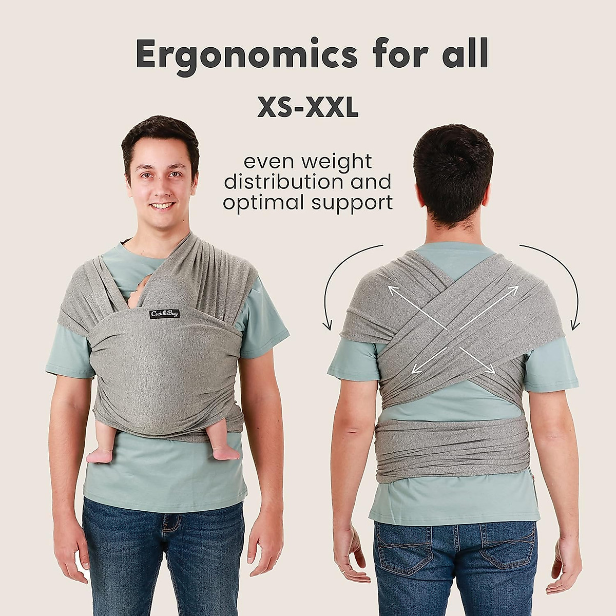 CuddleBug Baby Wrap Sling + Carrier - Newborns & Toddlers up to 36 lbs - Hands Free - Gentle, Stretch Fabric - Ideal for Baby Showers - One Size Fits All (Grey)