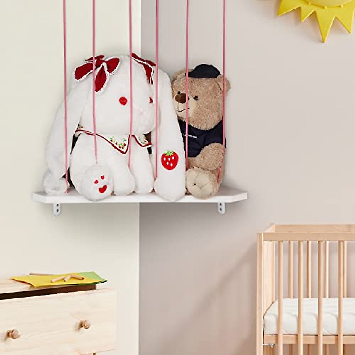 Telihel Stuffed Animal Storage Wood Soft Toy Shelf with Adjustable Length Large Corner Plush Toys Holder for Nursery Play Room Bedroom Kid Room (White)