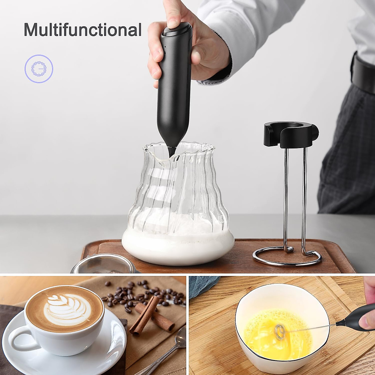 ELMWAY Powerful Electric Milk Frother Set, Rechargeable Drink Blender with Stand/Base, Foam Maker Mixer, Handheld Milk Frother for Coffee, Cappuccino, Latte, Matcha, Protein Powder - Black