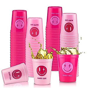24 Pcs Preppy Party Plastic Cups 16oz pink Smile Face Drinking bar Cups bulk Reusable Plastic shatterproof Stadium Cups Personalized beer Mugs for Preppy Birthday friends parties Bachelorette Party