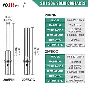 JRready Deutsch Connector Pins and Sockets Solid Contacts Size 20 - ST6282 20Pair Male Pins 0460-202-20141/ Female Pins 0462-201-20141, DTM Connector Terminals Wire Size 20-22AWG