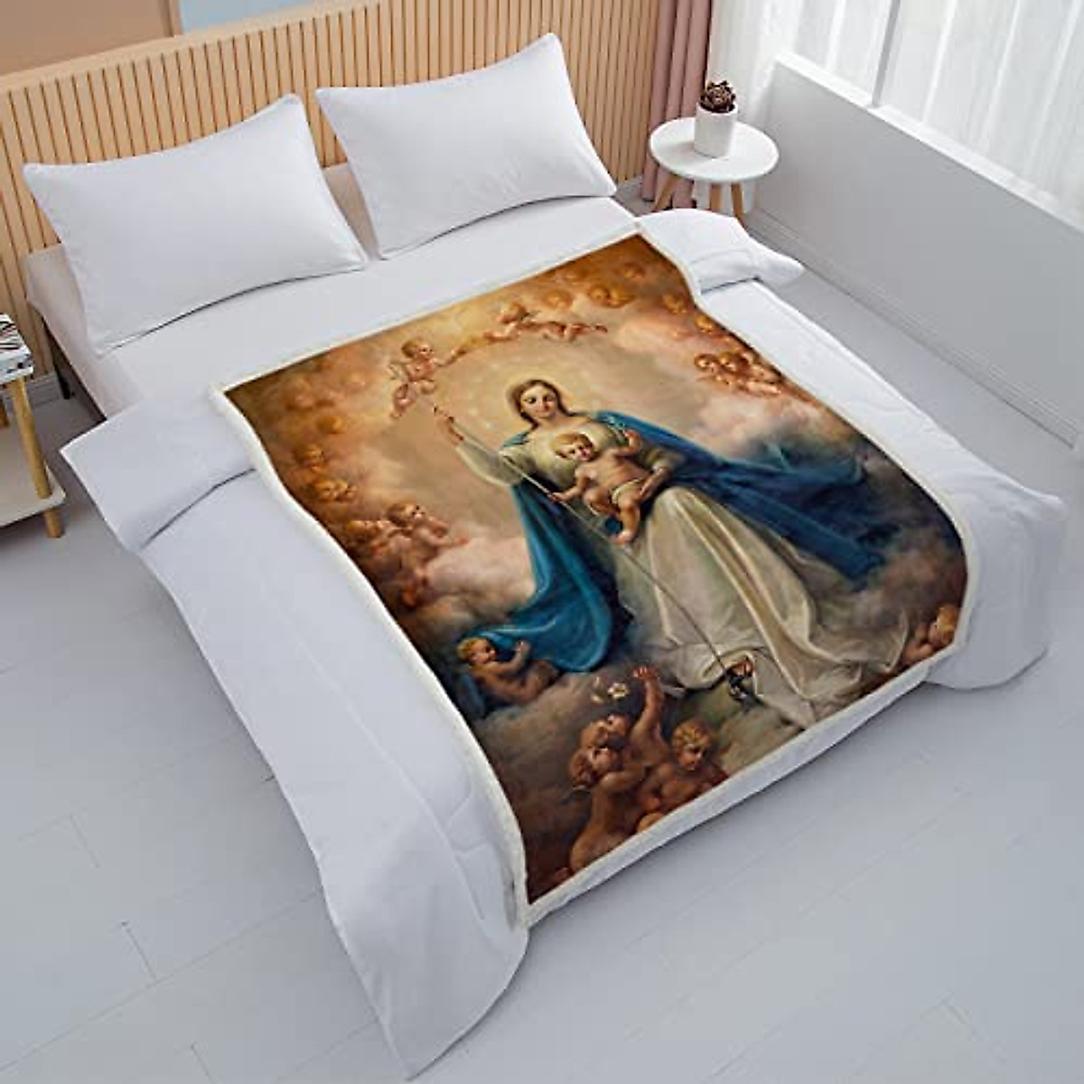 Bedmust Blue Virgin Angel Throw Blanket Virgin Maria Authentic Catholic Blankets Mother Blanket Blankets Queen Size (90x90 inches)