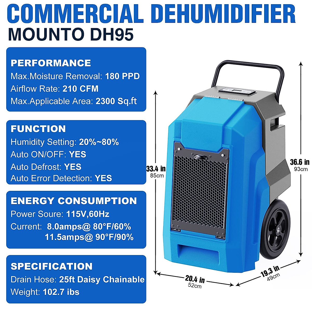MOUNTO 180Pints LGR Industrial Dehumidifier with Pump and Drain Hose, Portable Commercial Dehumidifier with Wheels for Home, Basements, Garages, and Job Sites