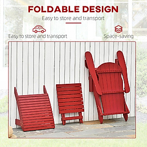 Outsunny 3-Piece Folding Adirondack Chair with Ottoman and Side Table, Outdoor Wooden Fire Pit Chairs w/High-Back, Wide Armrests for Patio, Backyard, Garden, Lawn Furniture, Red