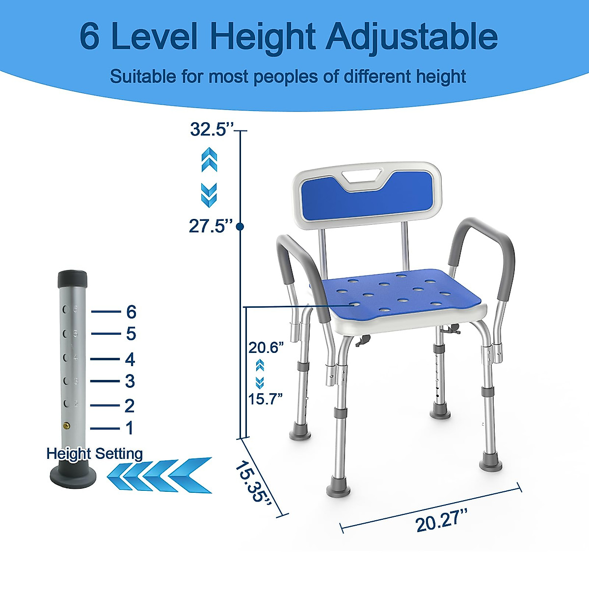 Loyoda Medical Shower Chair with Arms,Sturdy Aluminum Alloy Bath Chair,Slip Resistant Shower Bench,Height-Adjustable Shower Seat with Padded Handles for Elderly