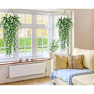 RECUTMS Artificial Hanging Plants Fake Hanging Plant Faux Eucalyptus Leaf Greenery Vine Outdoor UV Resistant Plastic Plants Home Garden Wedding Party Indoor Outdoor Decorations(White)