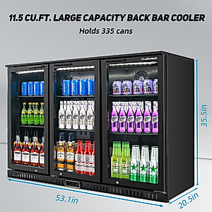 BLUELINETECH Back Bar Cooler, 3 Glass Door Commercial Beverage Cooler Undercounter Refrigerator with LED Lighting, 11.5 cu.ft, 53” Wide