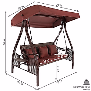 Sunnydaze 3-Seat Deluxe Patio Swing with Steel Frame and Canopy - 600-Pound Weight Capacity - Maroon Cushions Included