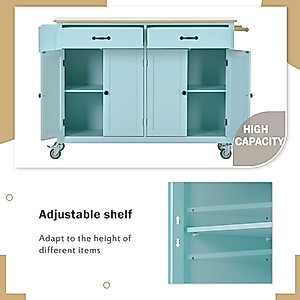 GLANZEND Kitchen Island Cart on Locking Wheels with 4 Cabinet and 2 Drawers, Rolling Coffee Bar Trolley w/Solid Wood Tabletop, Adjustable Shelves, Spice & Towel Side Rack,Mint Green, 54.3 Inch