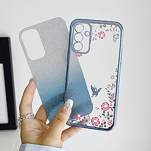 for Samsung Galaxy A13 5G Case, A13 Phone Case for Women Gradual Change Glitter Crystal TPU Stylish Butterfly Floral Heart Clear Protective Cover with Strap for Samsung Galaxy A13 5G (Sierra Blue)