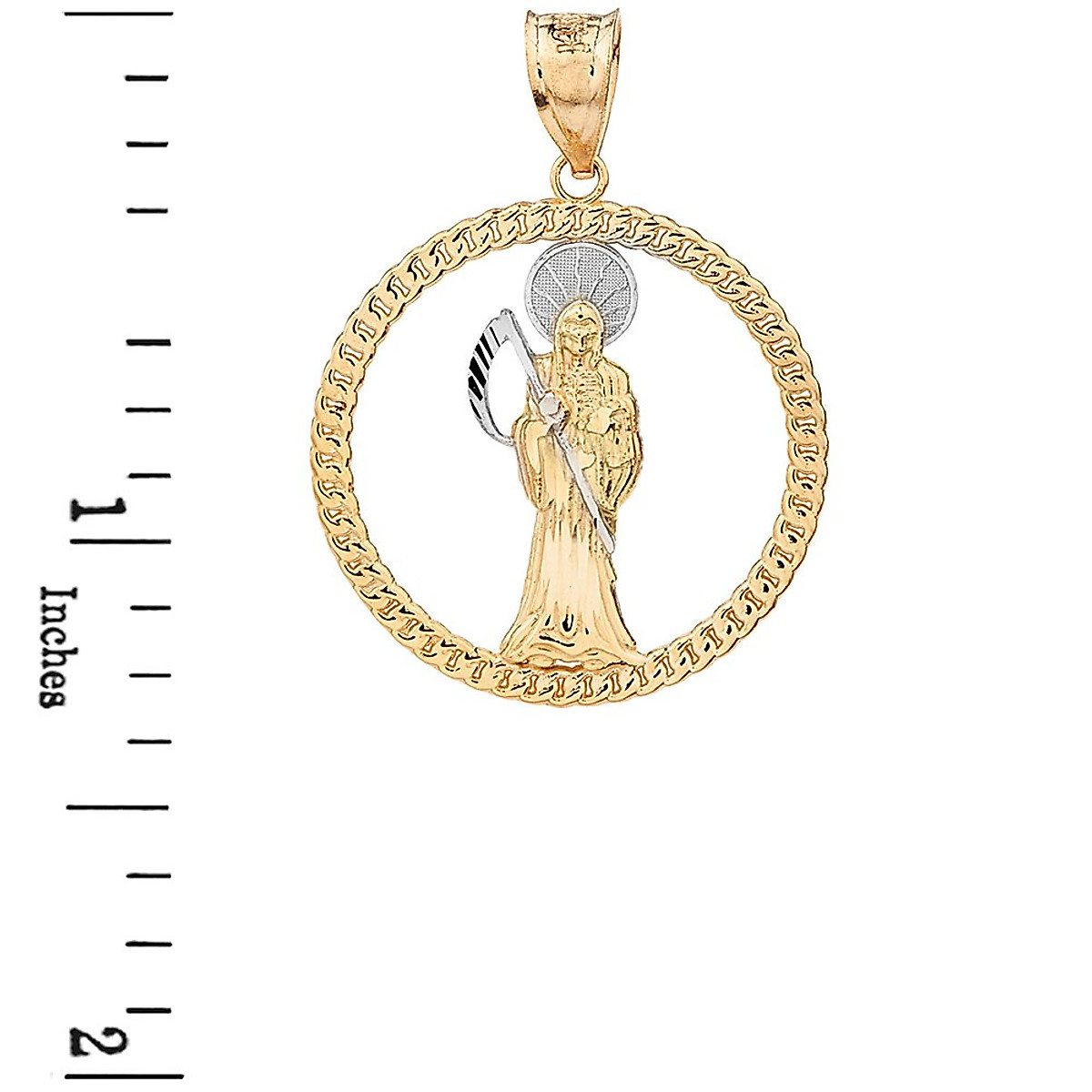 10k Two-Tone Gold Santa Muerte Round Rope Design Frame Necklace, 16"