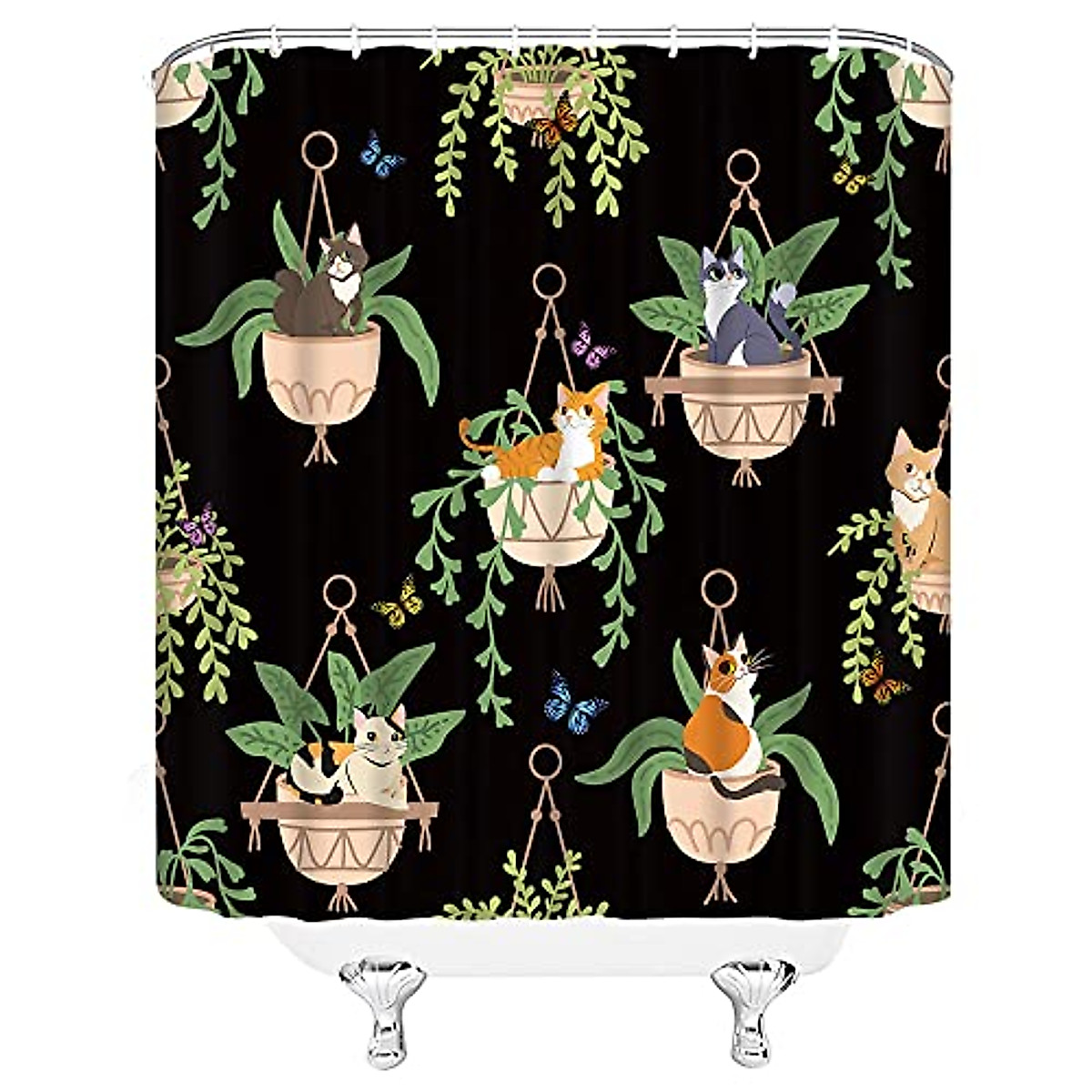 SRAUYST Potted Plant Shower Curtain Greenhouse Tropical Cactus Palm Cute Cat Boho Botanical Garden Aesthetic Fabric Bathroom Decor Sets with Hooks