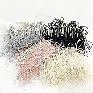 Natural Ostrich Feather Purse, Evening Clutch Purses For Women, Vintage Feather Clutch With Pearl Decor Beige