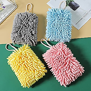 4 Pack Chenille Hand Towel Ball Soft Absorbent Microfiber Hanging Hand Towels Plush Quick-Drying Chenille Ball Hand Towels with Hanging Loops for Bathroom Kitchen (Multicolor)
