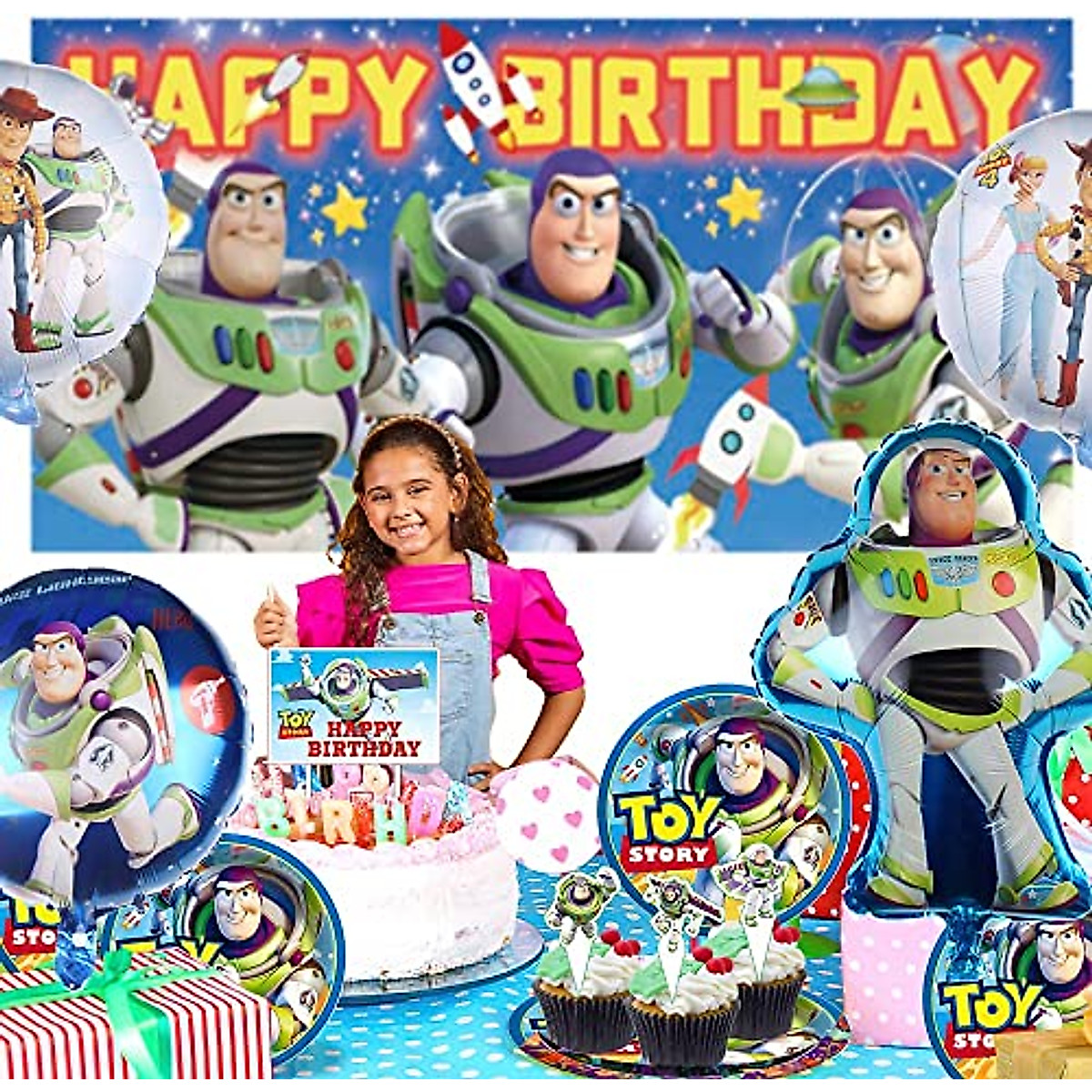 FNTOO Buzz Lightyear Party Supplies Plates Favors Decorations Backdrop Decor Banner Birthday Cake Topper, N02660