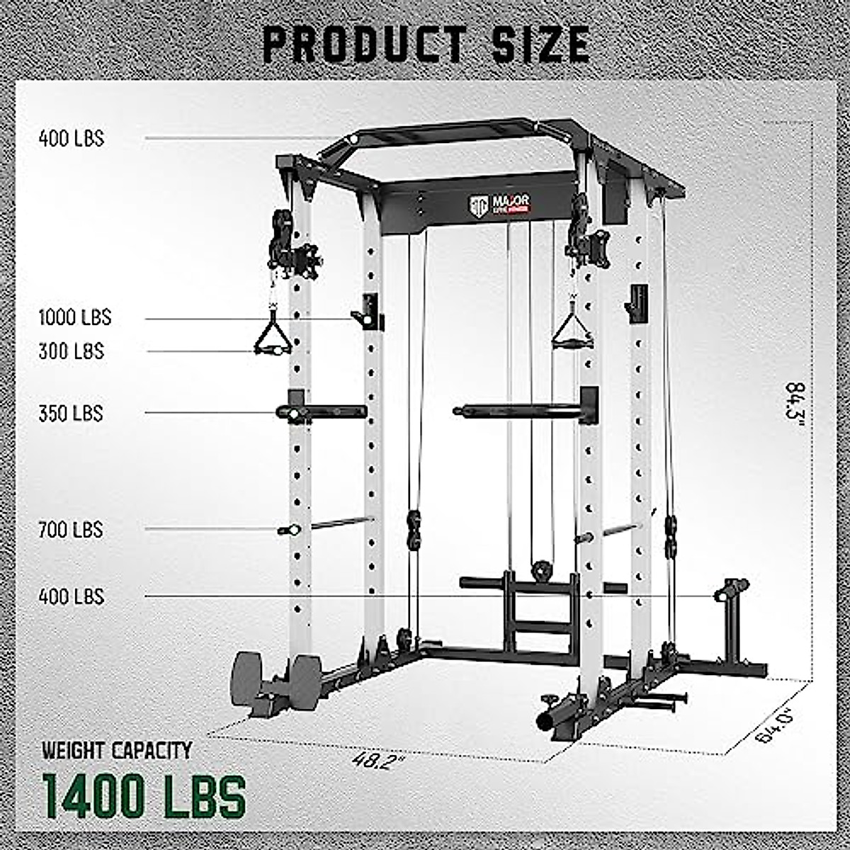 MAJOR LUTIE Power Cage with Weight Bench, 230LBS Competition Bumper Plates and Olympic Barbell, PLM03 Multi-Function Power Rack with Adjustable Cable Crossover System and Exercise Attachment White