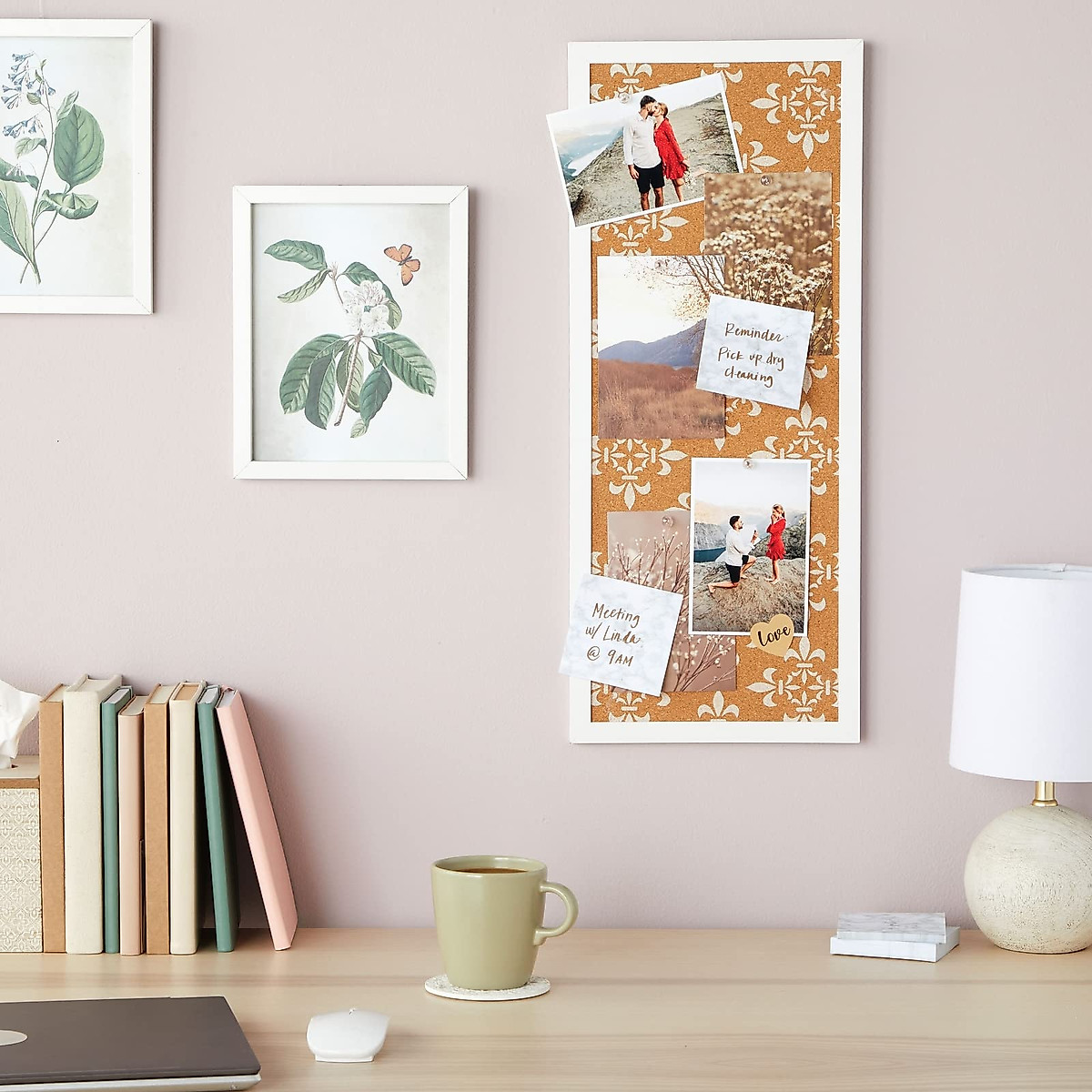 Long Decorative Cork Board for Walls, White Framed Tack Bulletin Board with Floral Print for Bedroom, Dorm Room (10 x 24 in)