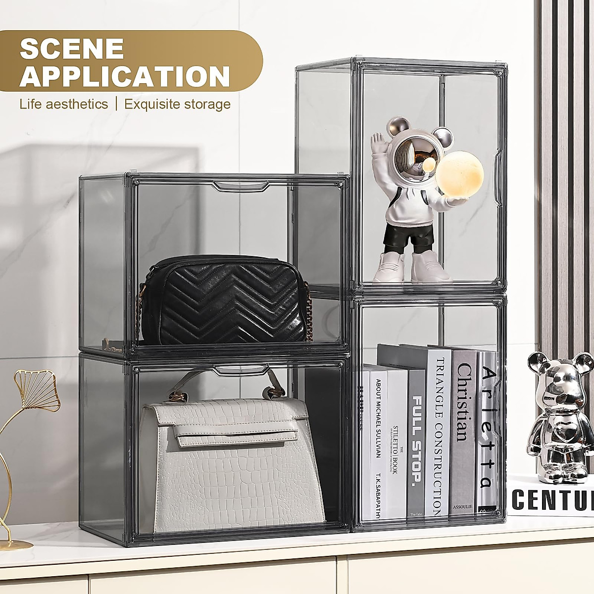 ULENDIS 4 Pack Handbag Storage Organizer for Closet, Transparent Gray Acrylic Display Case for Handbag Purse, Stackable Storage Organizer with Magnetic Door for Wallet Book Cosmetic Toys Display