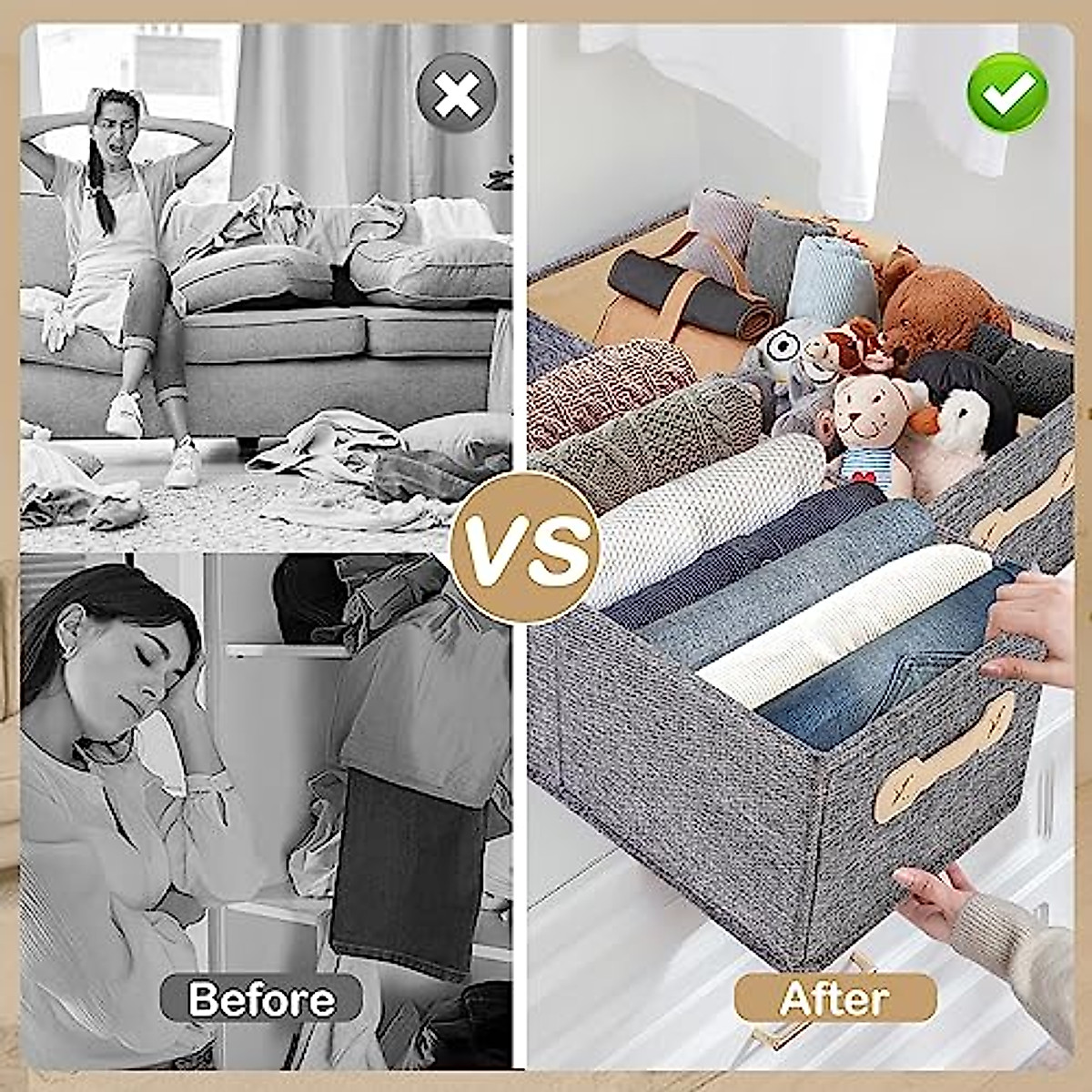 SOYOTA Stackable Storage Bins with 4 Pack ，Foldable Storage Containers Closet Organizer Set, Fabric Storage Boxes with Handles, Cube Linen Baskets for Home Bedroom Closet Office Nursery (P4)