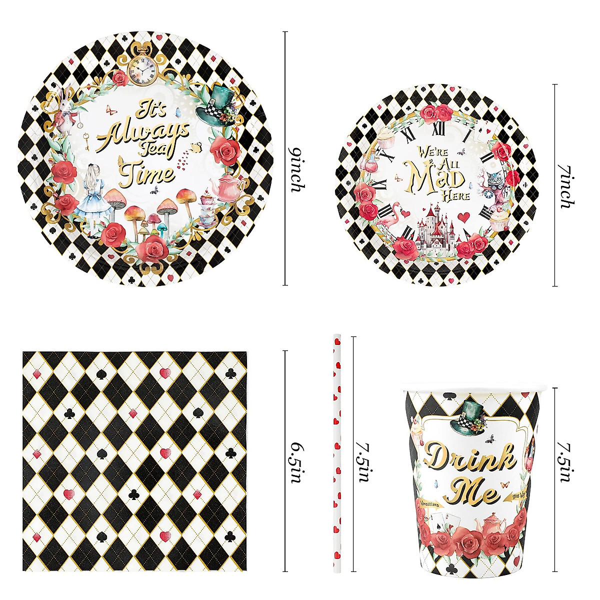 Alice Party Supplies Decorations, Tea Party Theme Birthday Baby Shower Paper Plates and Napkins Set with Cups and Straws for 24 Guests, 120 Pcs Disposable Party Dessert Dinnerwares