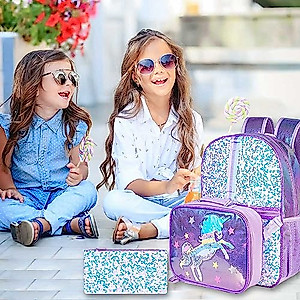 UFNDC 3PCS Unicorn Backpack, 16”Kids Sequin Bookbag for Girls with Lunch Box, School Bag for Elementary Toddler