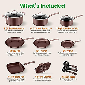 NutriChef Kitchenware Pots & Pans High-Qualified Basic Kitchen Cookware, Non-Stick (20-Piece Set), One Size, Brown