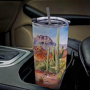 WNICELIN Western Desert Cactus Tumbler Insulated Travel Mug Stainless Steel Travel Tumbler Car Cup with Straw And Brush with Lid 20oz