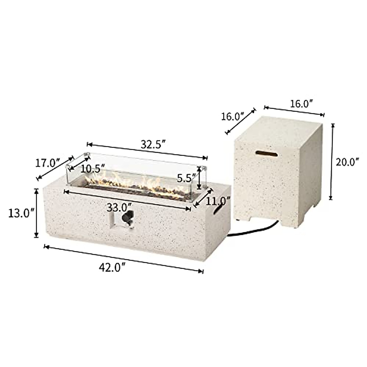 COSIEST 2-Piece Outdoor Propane Fire Pit Table Set w Tank Table, 42-inch Terrazzo Rectangle Fire Table (50,000 BTU) w 16 inches Tank Cover Side Table 20lb, Wind Guard, Rain Cover for Garden, Pool