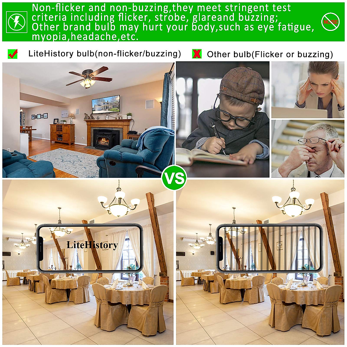 LiteHistory E26 Edison Bulb 6W=60 watt Light Bulb Dimmable Daylight 5000K Edison Light Bulb 60 Watt AC120V A15 led Bulb for Ceiling Fan,Vanity,Refrigerator,Wall scones 600lm E26 Light Bulb 6Pack