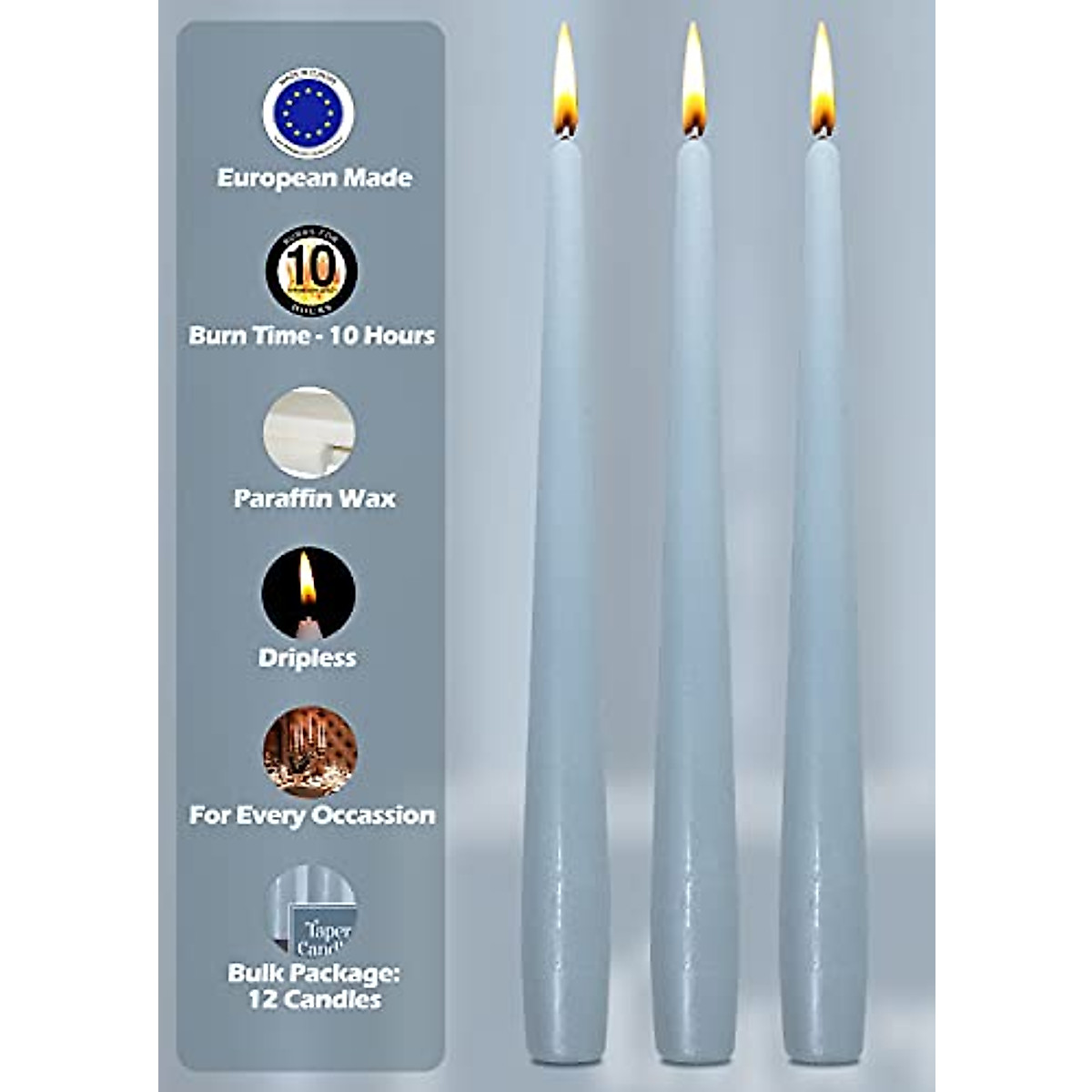 Hyoola Tall Taper Candles - 12 Inch Ice Blue Unscented Dripless Taper Candles - 10 Hour Burn Time - 12 Pack