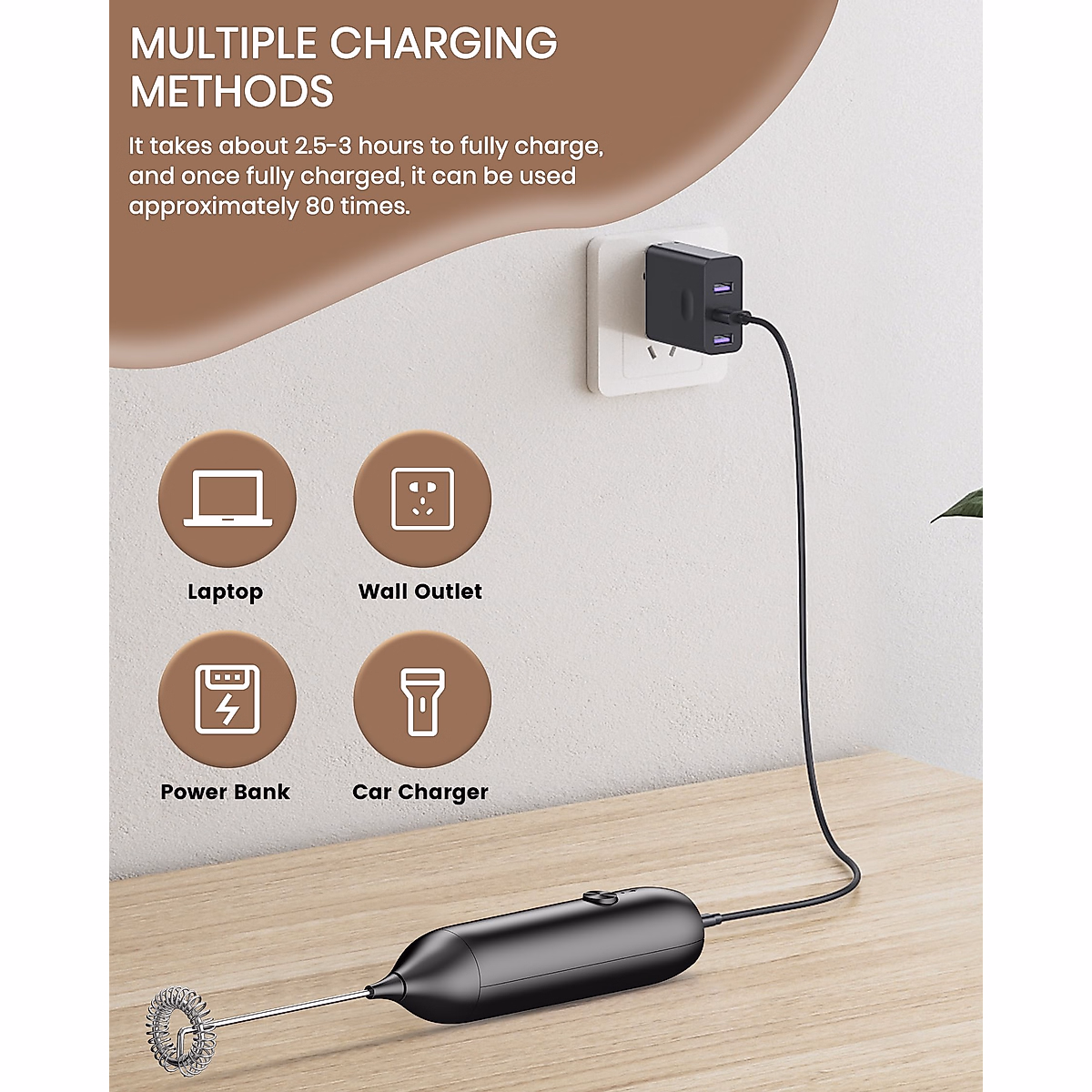 Homradise Milk Frother Rechargeable, Electric Milk Frother Handheld USB-C Powerful Coffee Frother Milk Foam Maker for Coffee Latte, Cappuccino, Mocha, Macchiato, Frappe and Protein Powder -Black