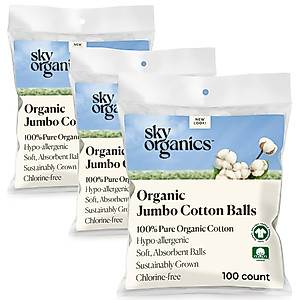 Sky Organics Organic Jumbo Cotton Balls for Sensitive Skin, 100% Pure Organic Cotton Sustainably Grown, Chlorine Free, Hypoallergenic, Ultra-Soft and Absorbant for Beauty & Personal Care, 300 ct.