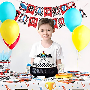 WERNNSAI Racing Car Tablecloth - 108" x 54" Disposable Plastic Rectangular Checkered Table Covers for Kids Birthday Game Sports Events Race Car Party Supplies
