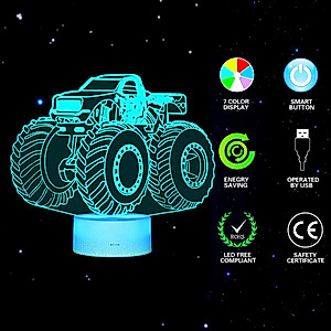Night Lights for Kids Monster Truck 3D Night Light Bedside Lamp 7 Colors Changing with Remote Control and Timing Function Best Birthday Gifts for Boys Girls Kids Baby