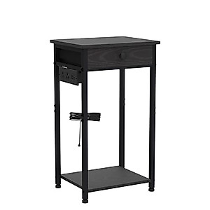 AMHANCIBLE Tall Night Stand, Nightstands Set of 2 with Charging Station, End Side Tables with Fabric Drawer and Shelf, Telephone Table for Living Room, Small Spaces, Black HETT03BK