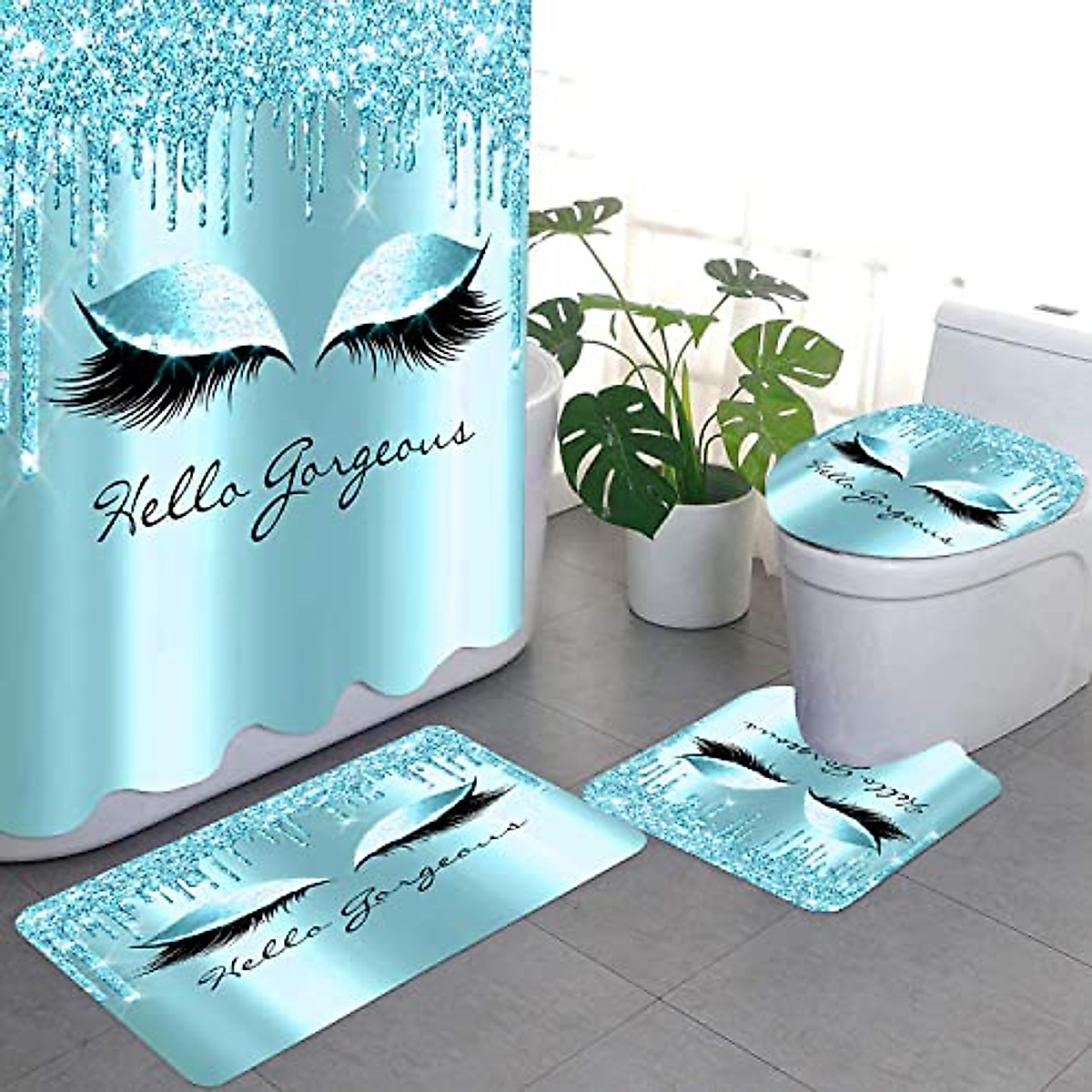 Bellcon 4Pcs Turquoise Hello Gorgeous Bathroom Sets with Rugs and Accessories for Women Lake Blue Bling Eyelash Shower Curtains Sets with Rugs Soft Bath Mat and Toilet Seat Cover