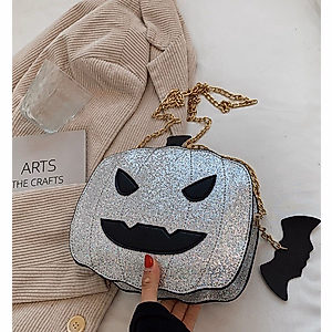 QZUnique Pumpkin Shoulder Bag, Halloween Crossbody Bags with Silver Sequin, Fashion Casual Bags with Bat Pendant for Women, Stylish Lightweight Purse