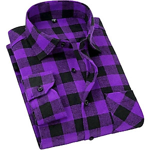Cromoncent Men's Casual Plaid Flannel Long Sleeve Button Down Shirt,Purple Black,Medium