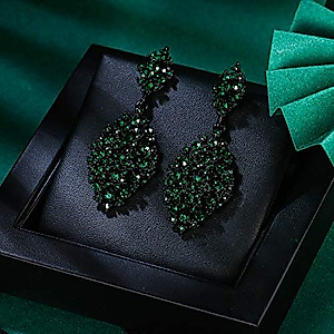 Flyonce Women's Austrian Crystal Party Hollow-out Teardrop Pierced Dangle Earrings Green Black-Tone