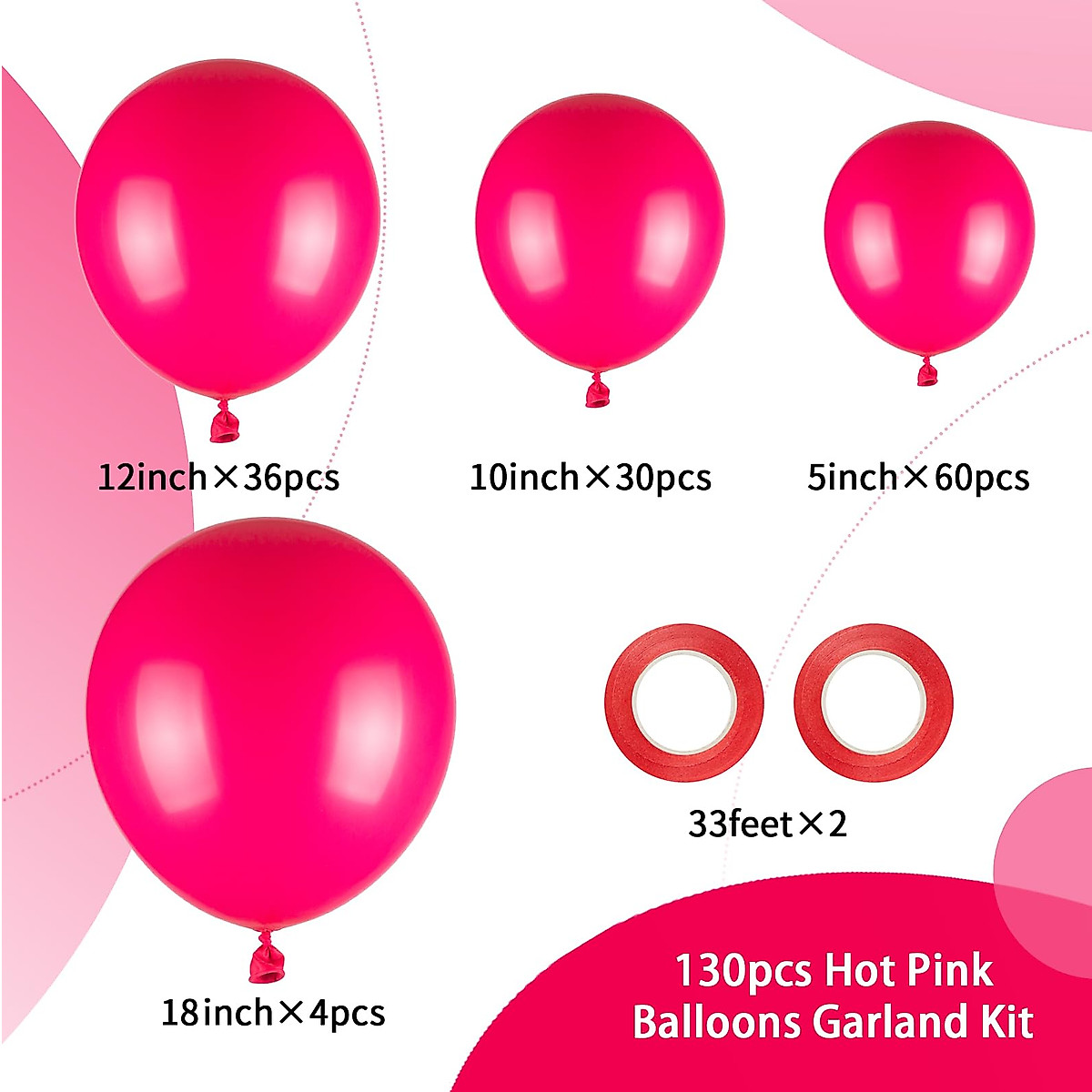 130pcs Hot Pink Balloons Garlands Kit, 18" 12" 10" 5" Different Sizes Pack Pink Latex Balloon Arch for Birthday Baby Shower Wedding Gender Reveal Party Decorations(With 2 Ribbons)