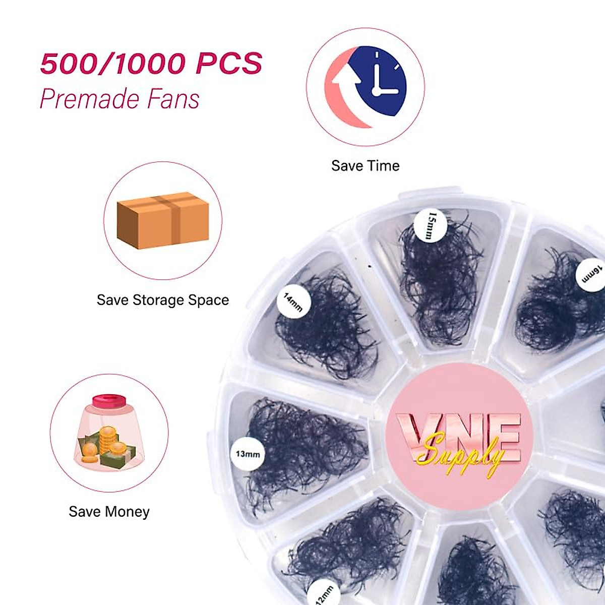 VNE Eyelashes 500 Fans Tray Volume Lash Extensions Mixed length | Premade Fans Eyelash Extensions | Mega Lash Extension | Promades Eyelash Fans | 3D, CC Curl, 9-16mm,